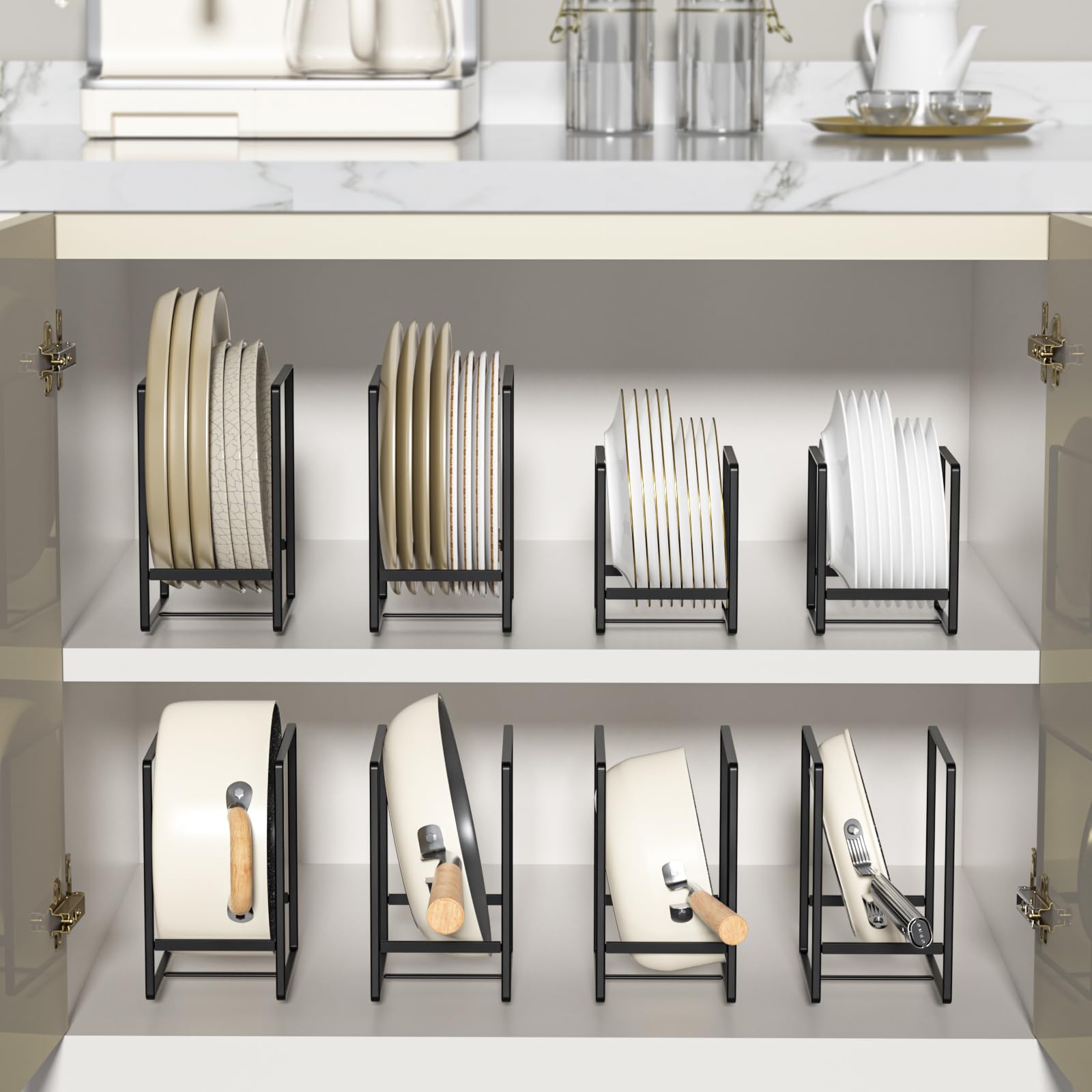 LINFIDITE Plate Holder Organizer 2 Pack Dish Storage Rack Upright Cabinet Dish Drying Rack Metal Dish Organizer Stand for Kitchen Counter Cupboard 7.9in. x 6.4in. x 4.5in.Black