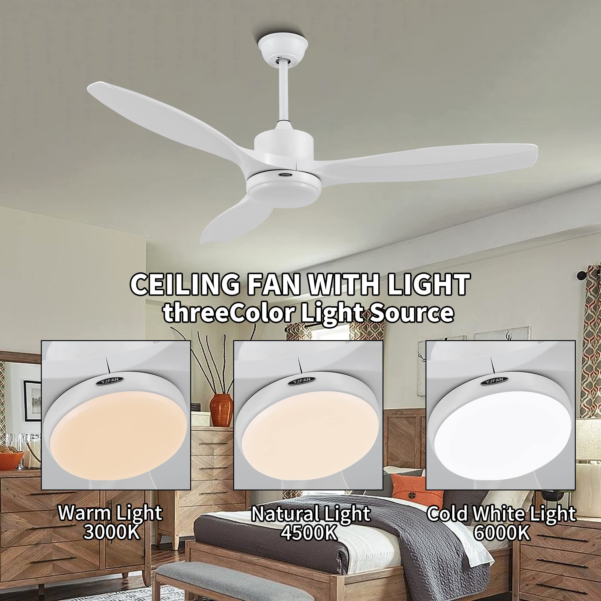 YJFAN 56 Inch Ceiling Fans with Lights, Modern White Ceiling Fan with Remote Control, Reversible Quiet DC Motor, Indoor Outdoor Ceiling Fan Light for Living Room,Patios,Farmhouse