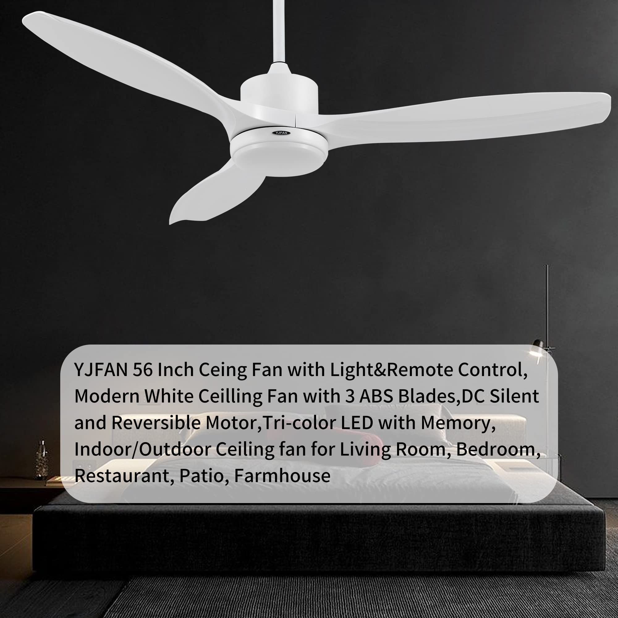 YJFAN 56 Inch Ceiling Fans with Lights, Modern White Ceiling Fan with Remote Control, Reversible Quiet DC Motor, Indoor Outdoor Ceiling Fan Light for Living Room,Patios,Farmhouse