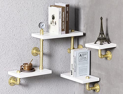 Industrial Retro Wall Mounted Iron Water Pipe Shelf/Bookcase/Shelving β Floating Shelf - Hung Bracket - DIY Storage Bookshelf β Height Adjustable Shelf - Wood Shelf (5-tier wall shelves, gold pipes)
