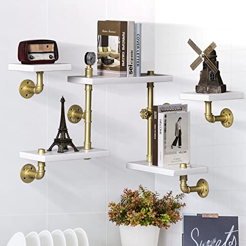Industrial Retro Wall Mounted Iron Water Pipe Shelf/Bookcase/Shelving β Floating Shelf - Hung Bracket - DIY Storage Bookshelf β Height Adjustable Shelf - Wood Shelf (5-tier wall shelves, gold pipes)