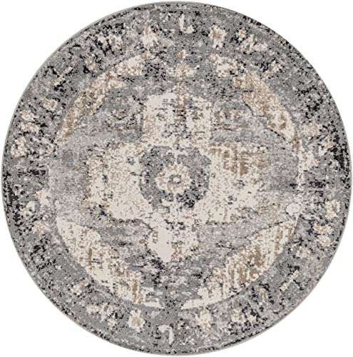 Mark&Day Area Rugs, 8ft Round Bowen Updated Traditional Charcoal Area Rug, Gray/White/Beige Carpet for Living Room, Bedroom or Kitchen (7'10" Round)