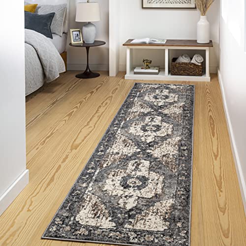 Mark&Day Area Rugs, 8ft Round Bowen Updated Traditional Charcoal Area Rug, Gray/White/Beige Carpet for Living Room, Bedroom or Kitchen (7'10" Round)