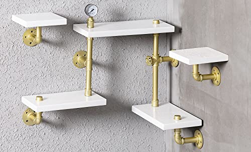Industrial Retro Wall Mounted Iron Water Pipe Shelf/Bookcase/Shelving β Floating Shelf - Hung Bracket - DIY Storage Bookshelf β Height Adjustable Shelf - Wood Shelf (5-tier wall shelves, gold pipes)