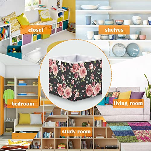 ALAZA Collapsible Storage Cubes Organizer,Rose Flowers Floral Black Storage Containers Closet Shelf Organizer with Handles for Home Office