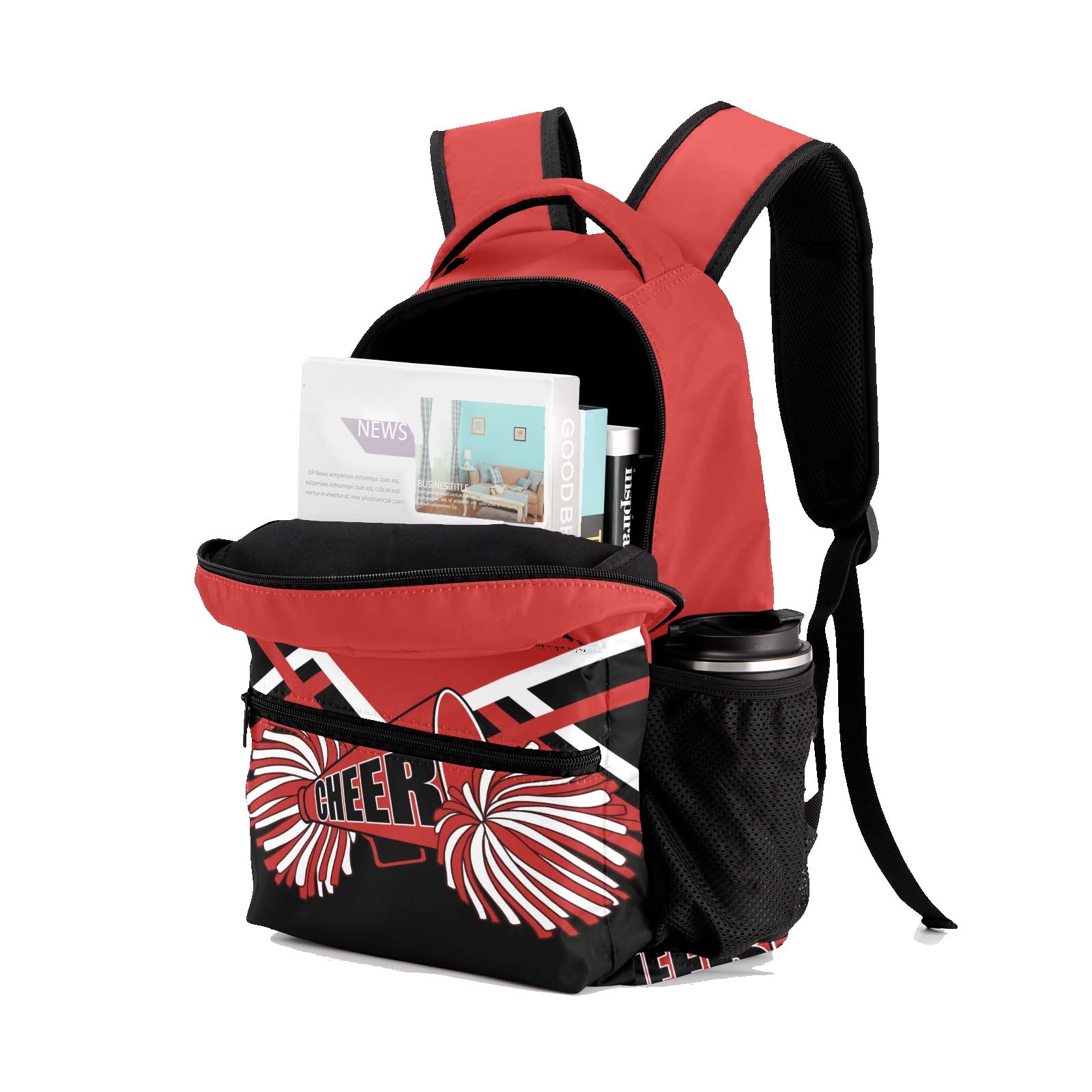 Zaaprint Cheerleaders Red Black Cheer School Backpack Shoulder Shopping Bag Travel Casual Bags with Name Text