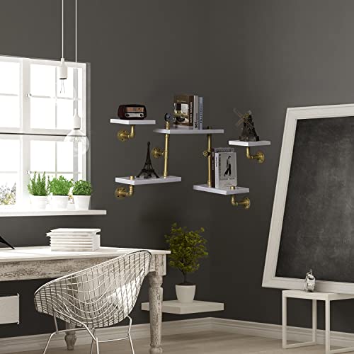 Industrial Retro Wall Mounted Iron Water Pipe Shelf/Bookcase/Shelving β Floating Shelf - Hung Bracket - DIY Storage Bookshelf β Height Adjustable Shelf - Wood Shelf (5-tier wall shelves, gold pipes)