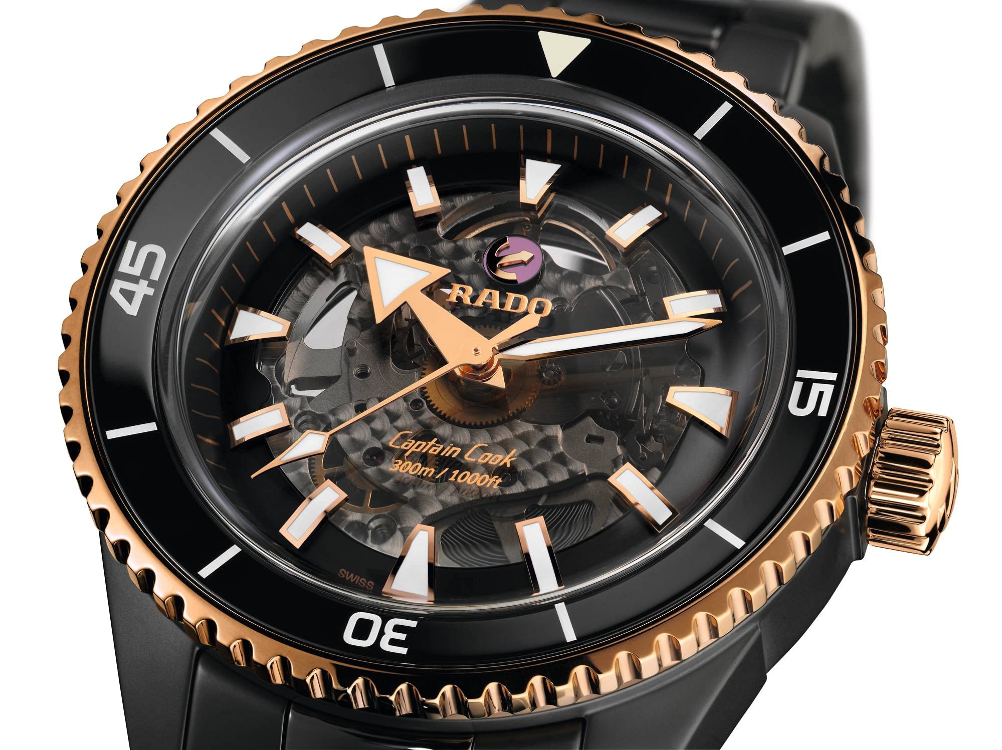 Rado - Captain Cook - 43 mm- Men - Swiss Watch - High-Tech Ceramic - Automatic – Matte Black and Rose Gold