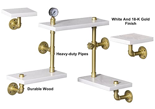 Industrial Retro Wall Mounted Iron Water Pipe Shelf/Bookcase/Shelving β Floating Shelf - Hung Bracket - DIY Storage Bookshelf β Height Adjustable Shelf - Wood Shelf (5-tier wall shelves, gold pipes)