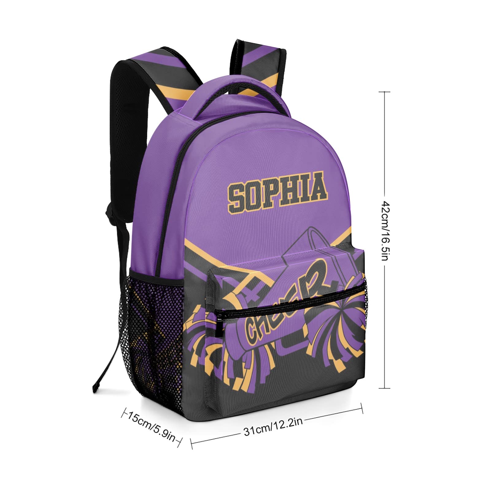 CUXWEOT Cheer Cheerleader Purple Gold Backpack Personalized Book Bag Sport Casual Hiking Camping Pack with Name