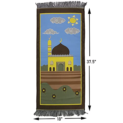 Modefa Turkish Islamic Prayer Rug - Thin Praying Carpet for Boys and Girls - Small Child Size Muslim Prayer Mat for Young Kids - Ramadan or Eid Gift - Floral Masjid & Kaba (Floral Masjid - Brown/Blue)