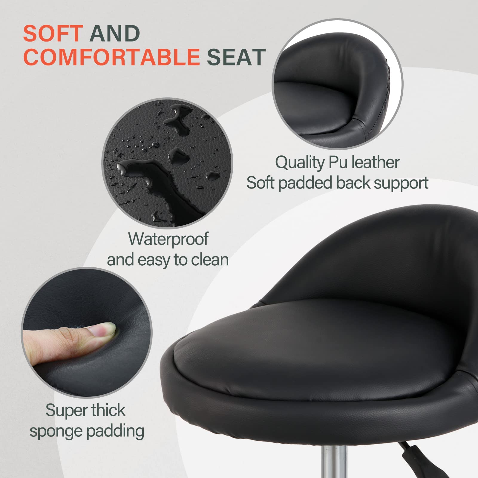 Nova Microdermabrasion Rolling Stool Swivel Salon Stool Chair Adjustable Drafting Stool Tattoo Office Massage Medical Facial Spa Stool with PU Cushion Backrest(Black)