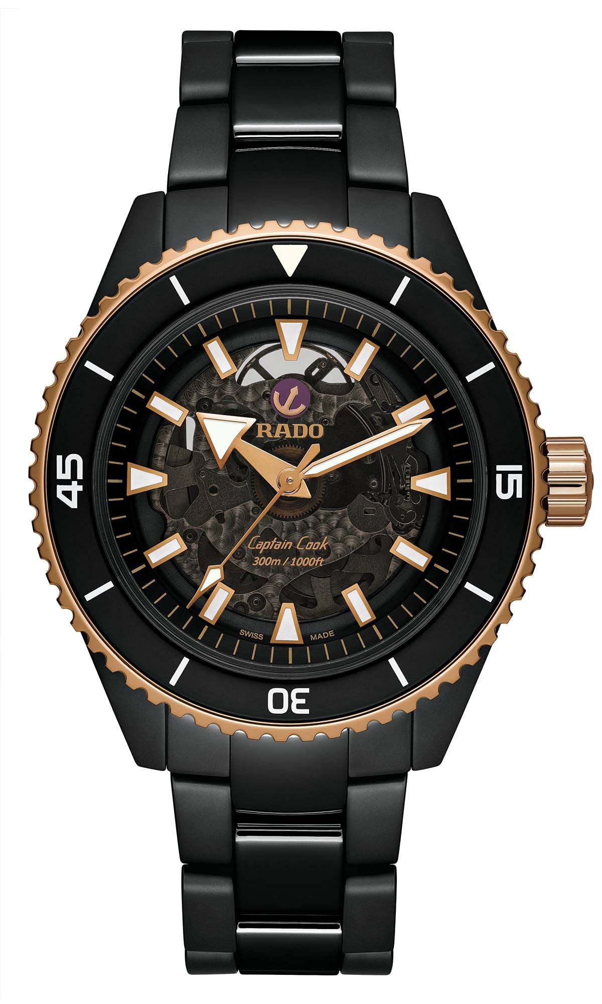Rado - Captain Cook - 43 mm- Men - Swiss Watch - High-Tech Ceramic - Automatic ā Matte Black and Rose Gold