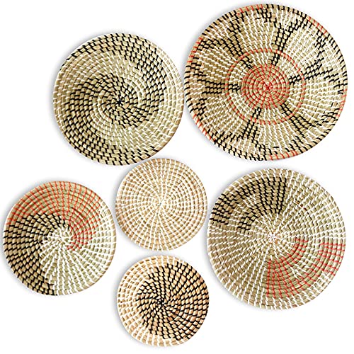 Hanging Woven Wall Basket Decor Set of 6 - Seagrass Wall Baskets Decor - Boho Rattan Home Room Decorative - Handmade Natural Round Wicker Basket,for Living Dining Room Kitchen Bedroom Unique Wall Art…