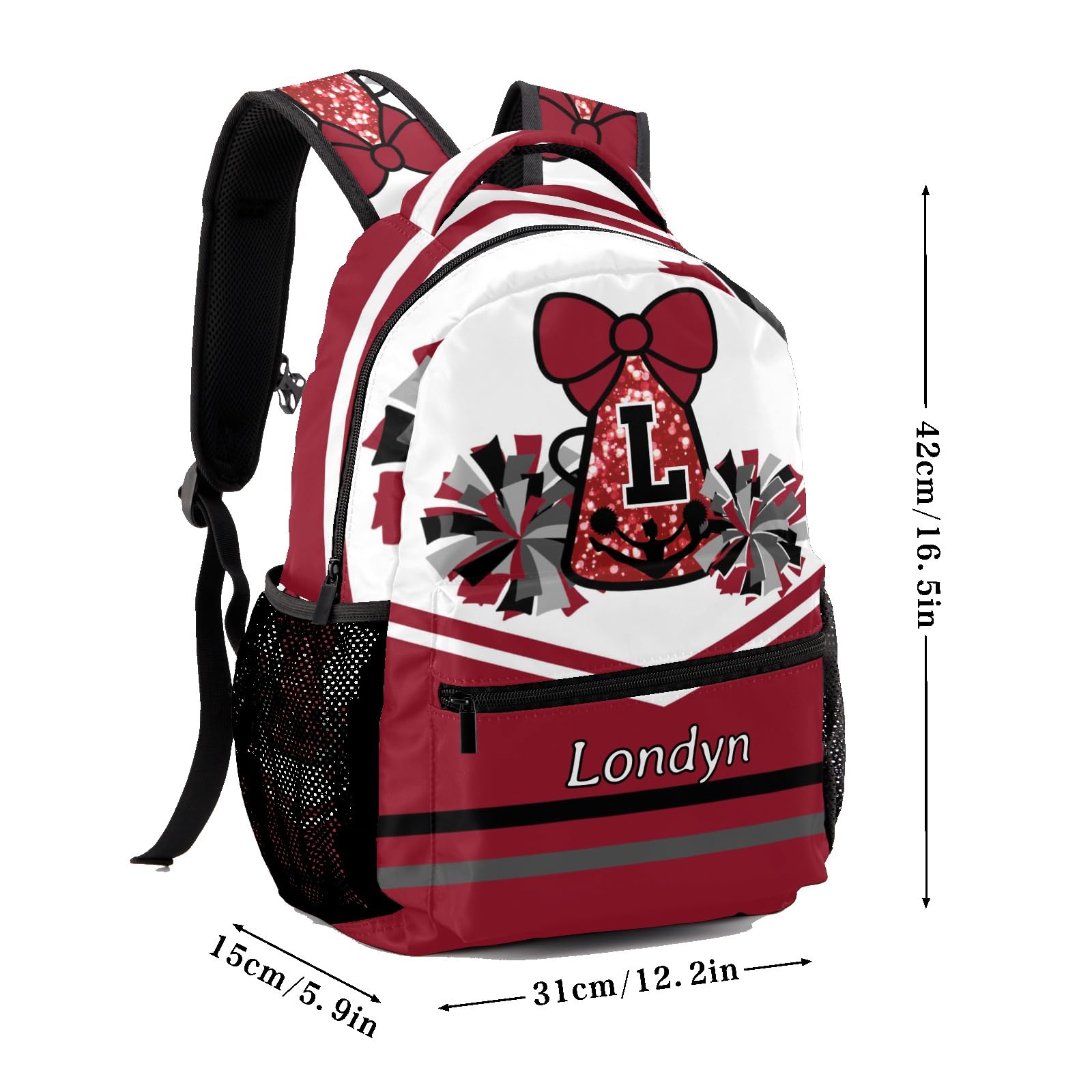 Zaaprint Custom Red Black Cheer Cheerleaders Waterproof Backpack Bookbag with Name for Birthday Holiday Gift