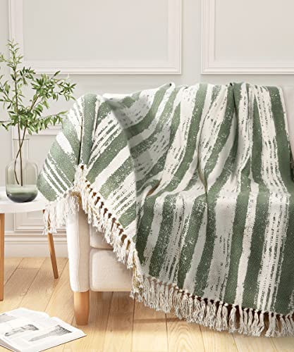 Godimerhea Green Throw Blanket Cotton White Boho Striped Decorative Blankets for Couch Sofa Bed, Soft Cozy Knit with Tassel, Rustic Shabby Chic, 50" x 60"