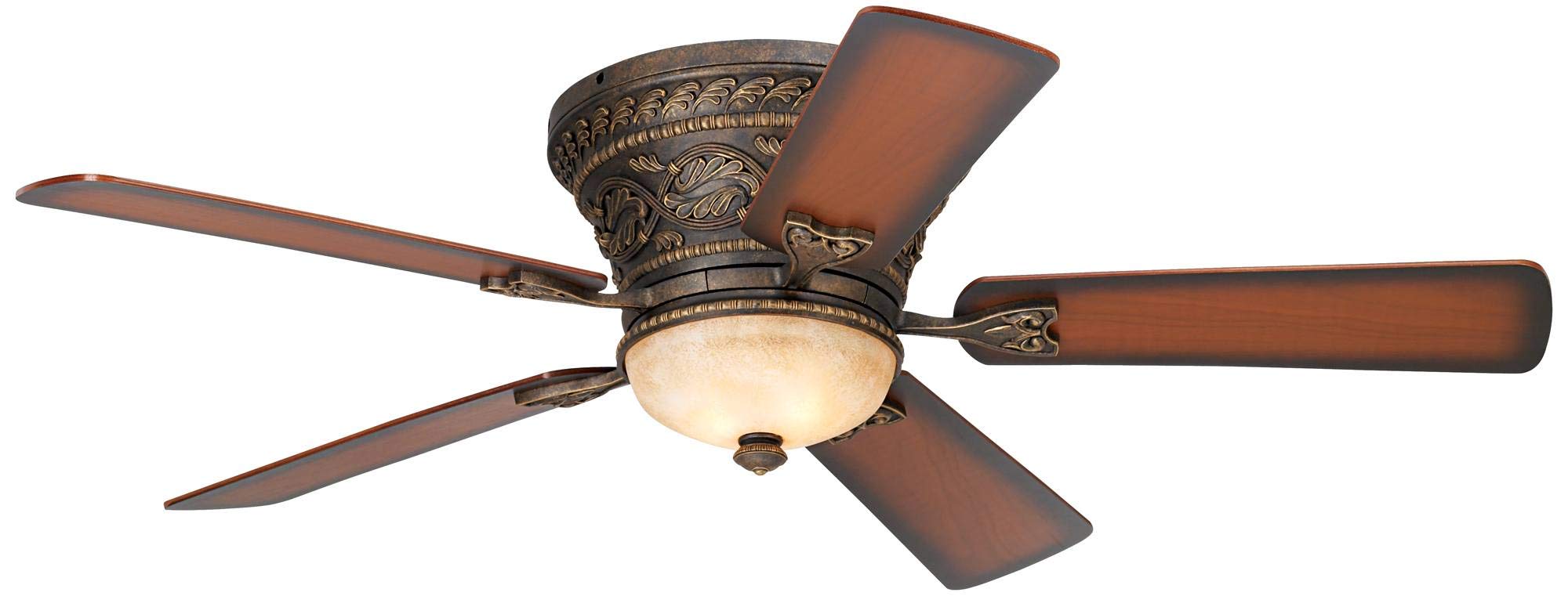 Casa Vieja 52" Ancestry Vintage Antique Indoor Ceiling Fan 5 Blade LED Light Remote Control Golden Bronze Motor Teak Walnut Finish Blades Bedroom Living Room Kitchen Dining Office Hugger Flush Mount
