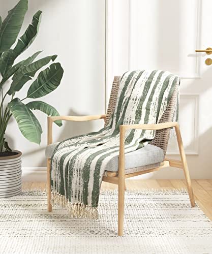 Godimerhea Green Throw Blanket Cotton White Boho Striped Decorative Blankets for Couch Sofa Bed, Soft Cozy Knit with Tassel, Rustic Shabby Chic, 50" x 60"