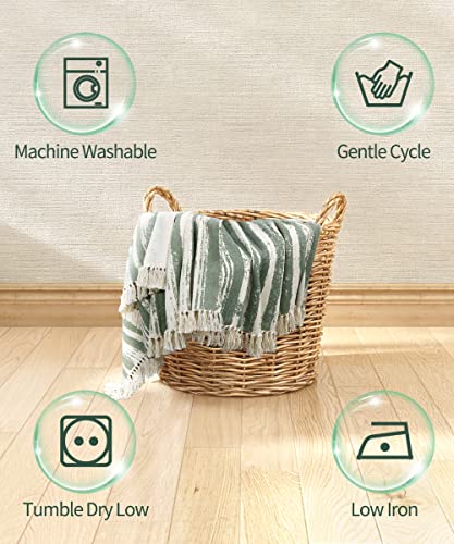 Godimerhea Green Throw Blanket Cotton White Boho Striped Decorative Blankets for Couch Sofa Bed, Soft Cozy Knit with Tassel, Rustic Shabby Chic, 50" x 60"