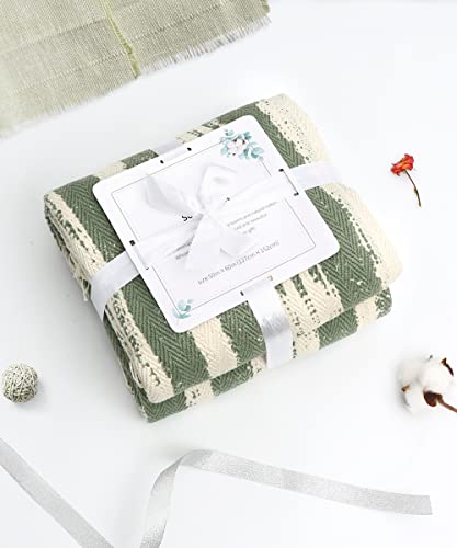 Godimerhea Green Throw Blanket Cotton White Boho Striped Decorative Blankets for Couch Sofa Bed, Soft Cozy Knit with Tassel, Rustic Shabby Chic, 50" x 60"