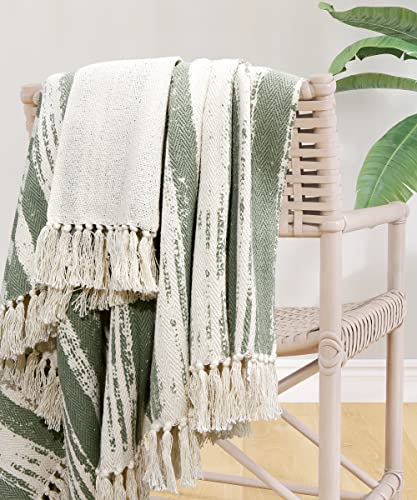 Godimerhea Green Throw Blanket Cotton White Boho Striped Decorative Blankets for Couch Sofa Bed, Soft Cozy Knit with Tassel, Rustic Shabby Chic, 50" x 60"