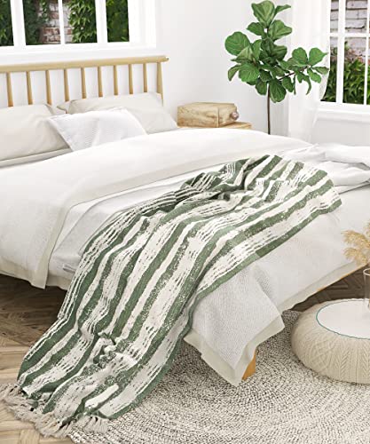 Godimerhea Green Throw Blanket Cotton White Boho Striped Decorative Blankets for Couch Sofa Bed, Soft Cozy Knit with Tassel, Rustic Shabby Chic, 50" x 60"