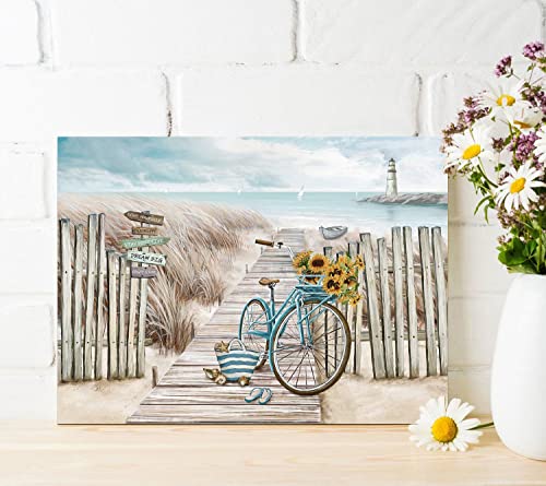 LAIART Beach Canvas Wall Art for Bathroom With Fence Wooden Path Bike Decor Lighthouse Print Pictures Artwork (11"x15")