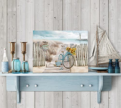 LAIART Beach Canvas Wall Art for Bathroom With Fence Wooden Path Bike Decor Lighthouse Print Pictures Artwork (11"x15")