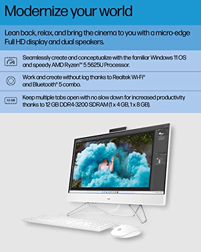 HP All-in-One PC, 23.8" FHD Micro-Edge Touchscreen Display, AMD Ryzen 5 Processor, AMD Radeon Graphics, 12 GB RAM, 512 GB SSD, Windows 11 Home OS, Wi-Fi (24-cb1142, 2022)