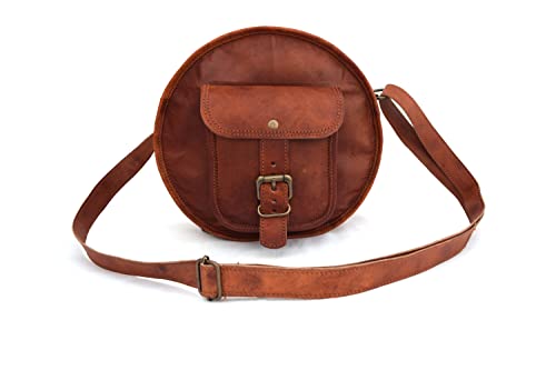 Vintage Leather Crossbody Bag Women/Teen Girls Satchel Handbag Round Messenger Sling Bags, 10 Inch Small