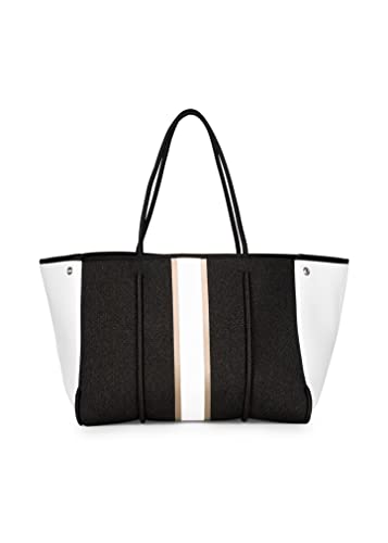 Haute Shore - Greyson Bravo Neoprene Tote Bag w/Zipper Wristlet Inside, Black Denim W/Rosegold & White Stripe
