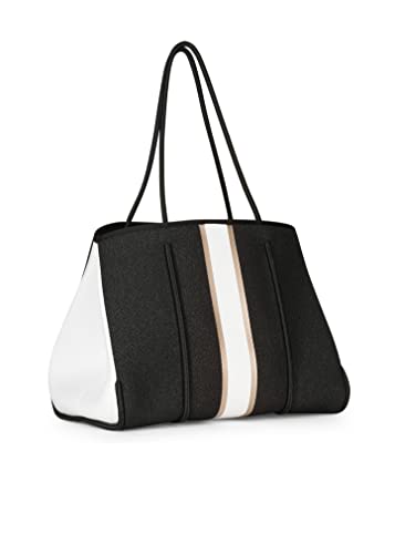 Haute Shore - Greyson Bravo Neoprene Tote Bag w/Zipper Wristlet Inside, Black Denim W/Rosegold & White Stripe