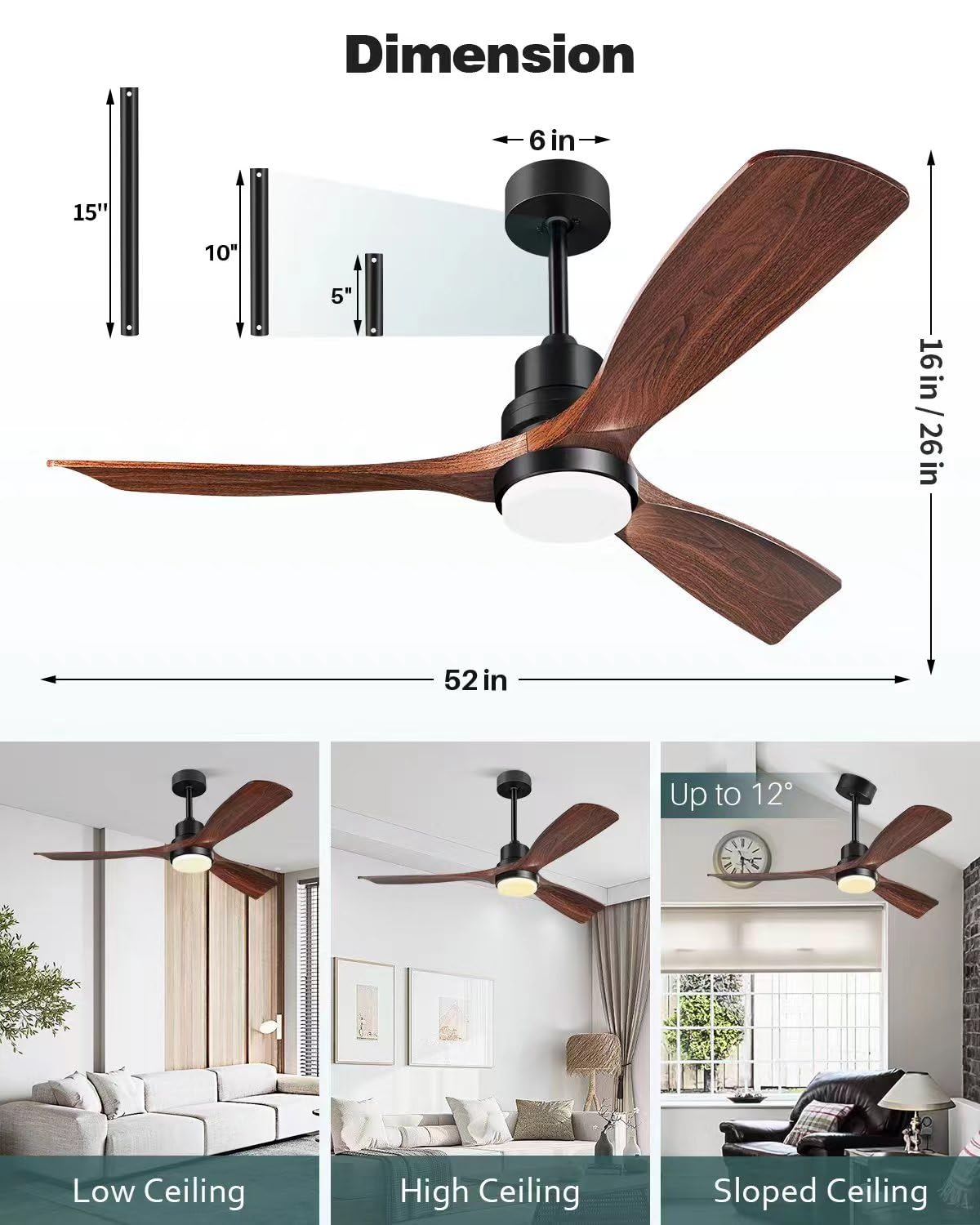 Forrovenco Ceiling Fans with Lights and Remote, 52 Inch Outdoor Ceiling Fan for Patios with Light 3 Downrods, 3 Blades Modern Ceiling Fan Noiseless Reversible DC Motor, Wood Fan for Farmhouse