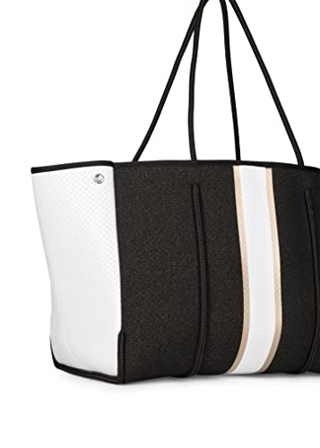 Haute Shore - Greyson Bravo Neoprene Tote Bag w/Zipper Wristlet Inside, Black Denim W/Rosegold & White Stripe