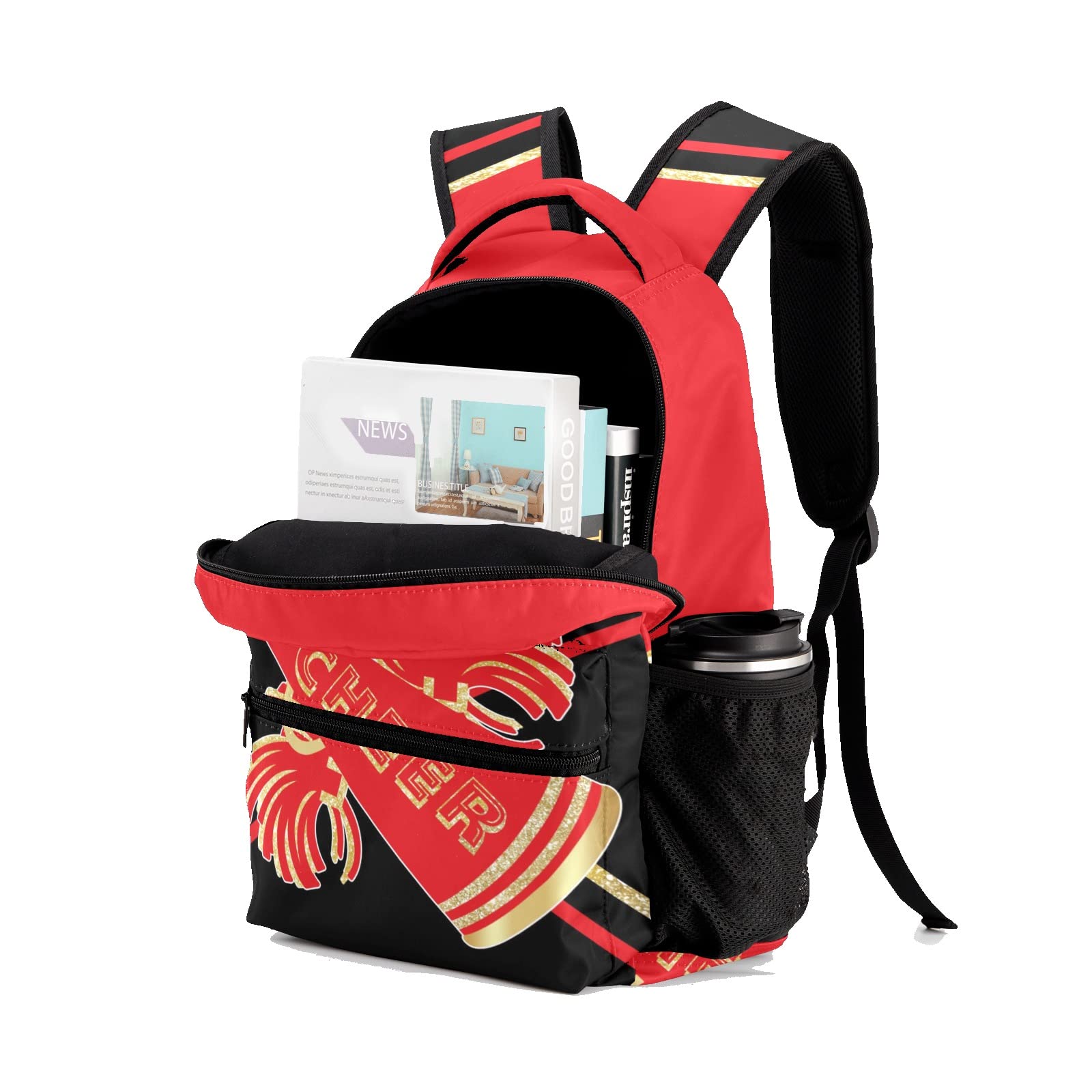 BigBigift Custom Cheer Red Black Cheerleaders Waterproof Backpack Bookbag with Name for Birthday Holiday Gift, 12.2(L)x5.9(W)x16.5(H)inch