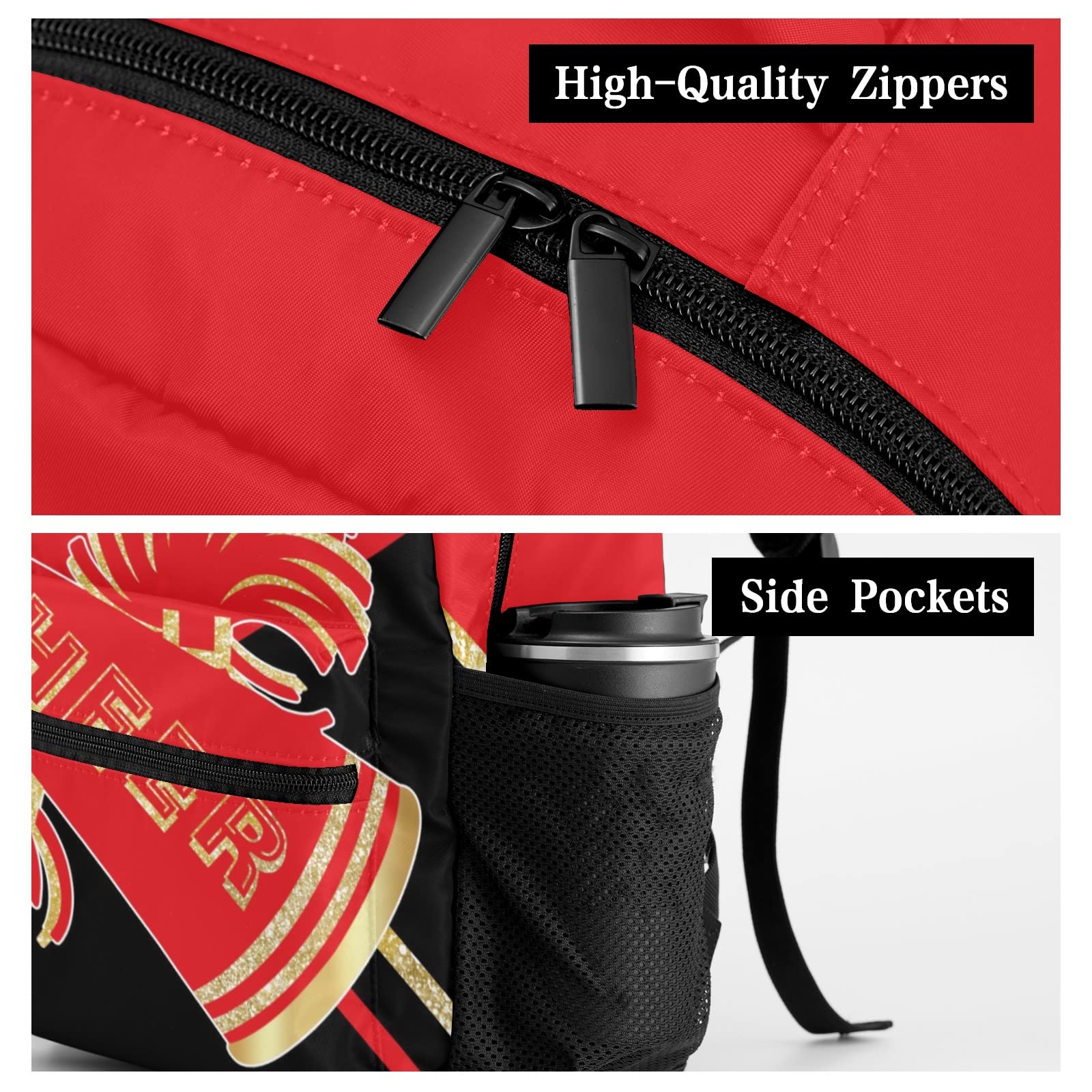 BigBigift Custom Cheer Red Black Cheerleaders Waterproof Backpack Bookbag with Name for Birthday Holiday Gift, 12.2(L)x5.9(W)x16.5(H)inch