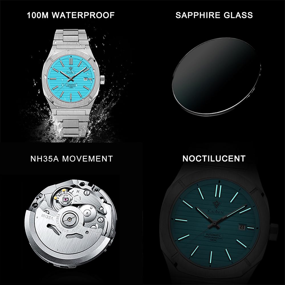 CADISEN Design Men Watches Mechanical Automatic Watch 100M Waterproof Brand Luxury Wristwatch (Light Blue)