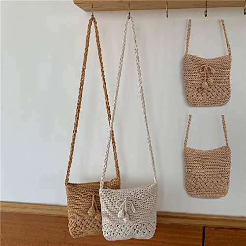 JBRUN Women Straw Crossbody Purse Beach Handmade Woven Shoulder Bag Cotton Crochet Tassel Square Bag Bohemian Messenger Bag (E-Brown)