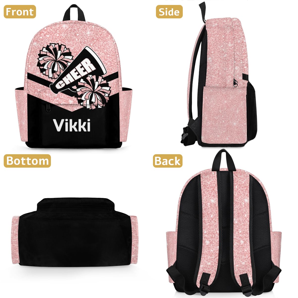 OMFUNS Pink Glitter Cheer Customized Kids Backpack for Girls Cheerleaders Personalized Preschool Toddler Backpack Kindergarten Nursery Bookbag Travel Children School Bag