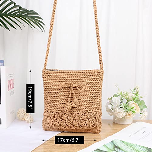 JBRUN Women Straw Crossbody Purse Beach Handmade Woven Shoulder Bag Cotton Crochet Tassel Square Bag Bohemian Messenger Bag (E-Brown)