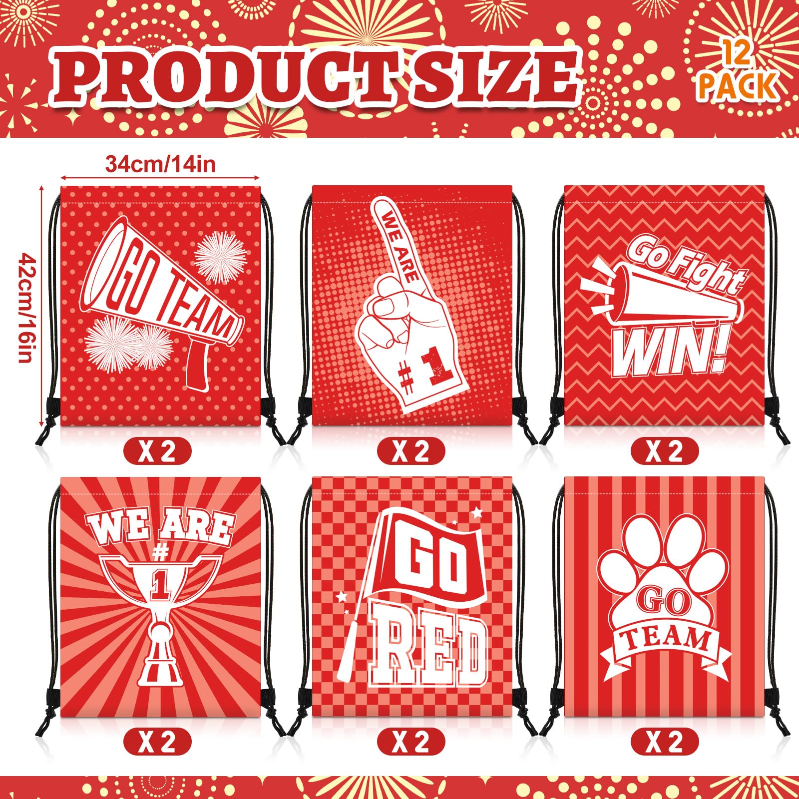 Paterr 12 Pack Team Spirit Drawstring Backpack Bags with We Are #1 Finger Gesture Polyester Red Drawstring Bag Bulk for Gym Sport Spirit Items Cheerleading Party Favors, 16.54 x 13.39 Inch