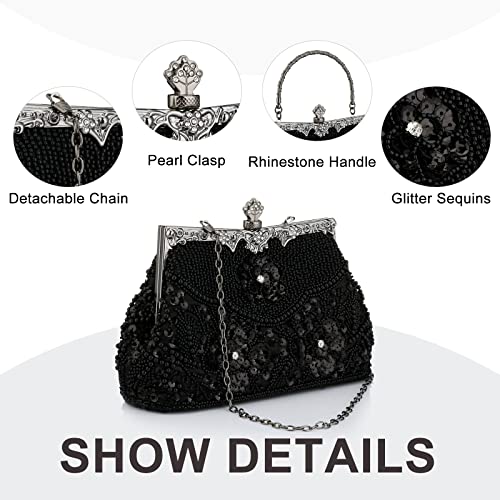 Rkrouco 1920s Vintage Beaded Clutch Evening Bags Pearl Flapper Handbag for Women Wedding Party(black)