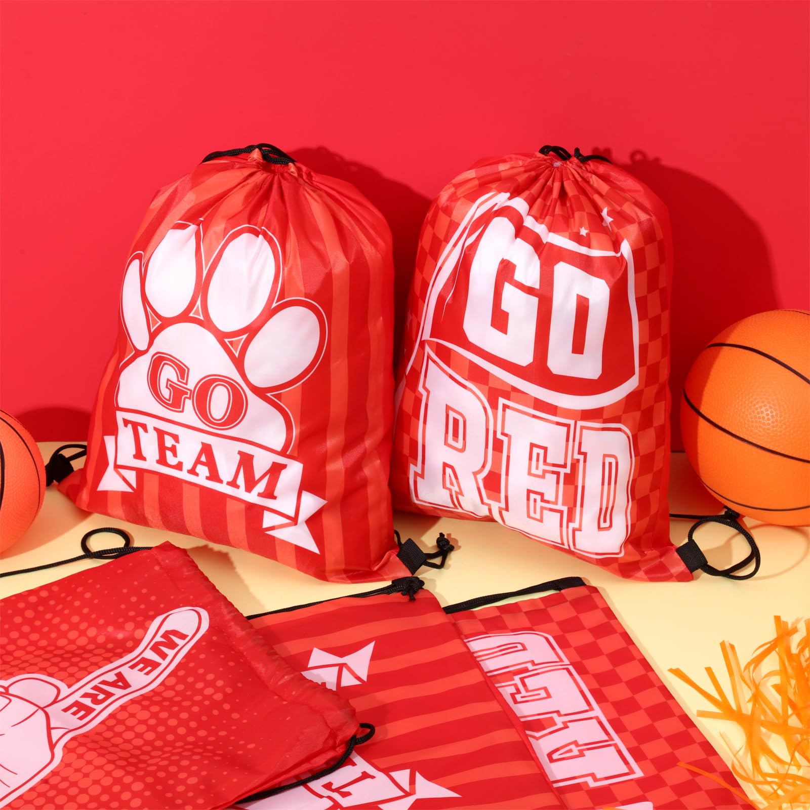 Paterr 12 Pack Team Spirit Drawstring Backpack Bags with We Are #1 Finger Gesture Polyester Red Drawstring Bag Bulk for Gym Sport Spirit Items Cheerleading Party Favors, 16.54 x 13.39 Inch