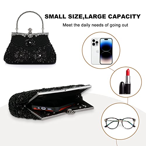 Rkrouco 1920s Vintage Beaded Clutch Evening Bags Pearl Flapper Handbag for Women Wedding Party(black)