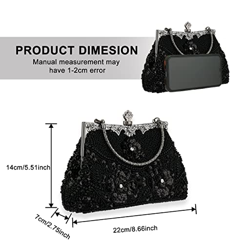 Rkrouco 1920s Vintage Beaded Clutch Evening Bags Pearl Flapper Handbag for Women Wedding Party(black)