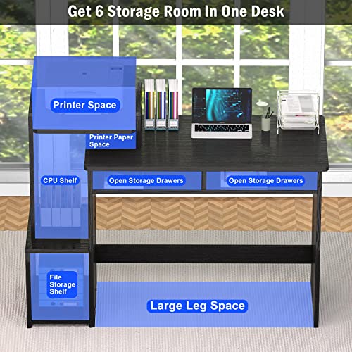 WOODYNLUX Computer Desk with Drawers, Home Office Desk with Printer Shelf, Writing Desk Study Table for Small Spaces Corner Desk, Easy Assemble, Black.