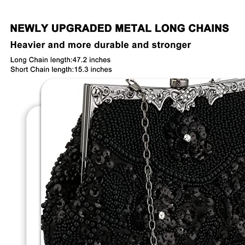 Rkrouco 1920s Vintage Beaded Clutch Evening Bags Pearl Flapper Handbag for Women Wedding Party(black)