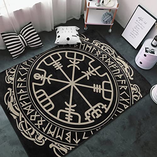 Fashion Soft Cozy Area Rug Indoor Thick Throw Rugs Carpets Floor Mats (Black Celtic Viking Design Magical Runic Compass Vegvisir in The Circle of Norse Runes and Dragons Tattoo Decorative)