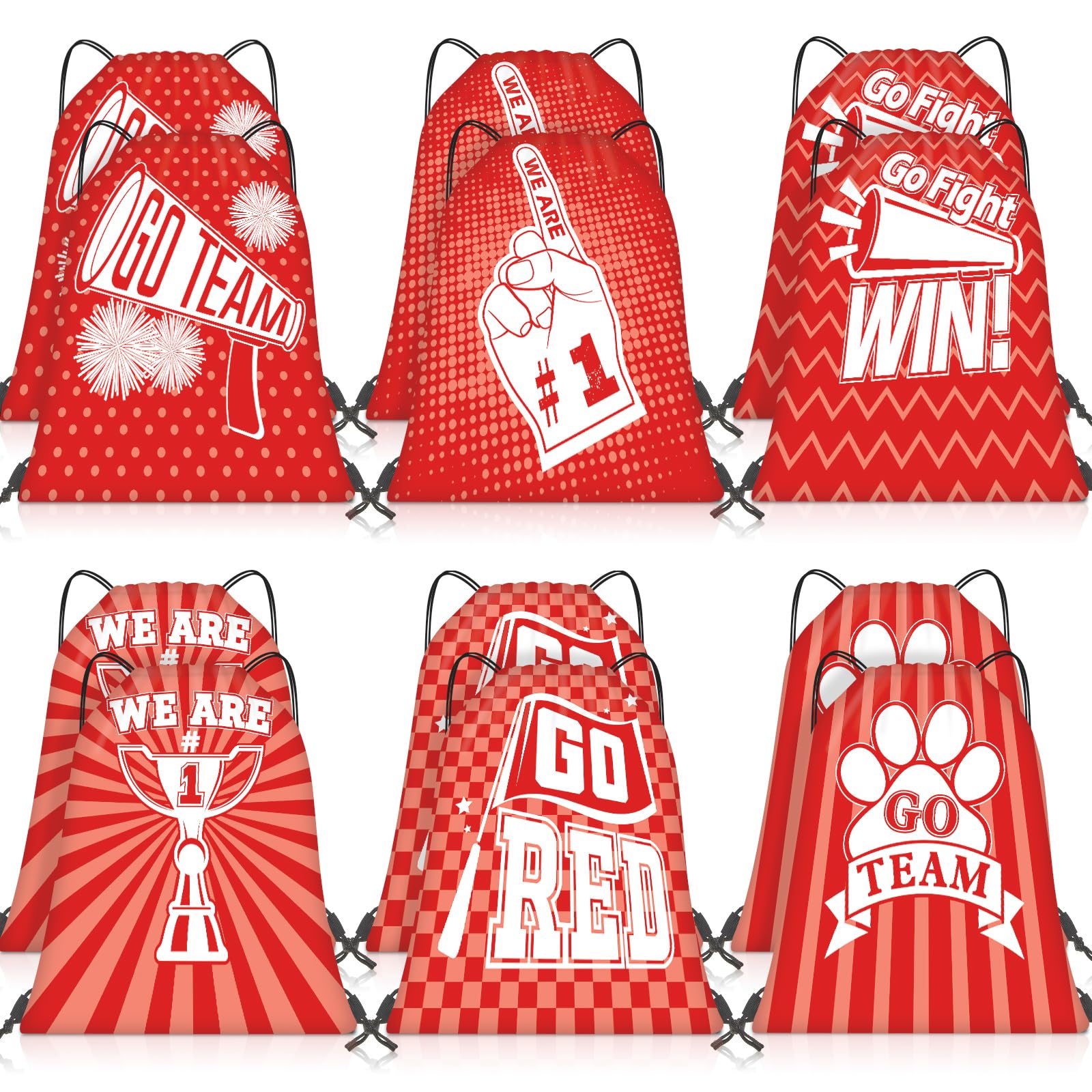 Paterr 12 Pack Team Spirit Drawstring Backpack Bags with We Are #1 Finger Gesture Polyester Red Drawstring Bag Bulk for Gym Sport Spirit Items Cheerleading Party Favors, 16.54 x 13.39 Inch