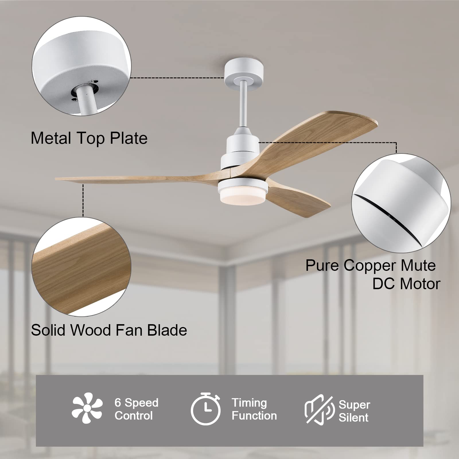 BOJUE 52 Inch Ceiling Fans with Light Remote Control,Indoor Outdoor Ceiling Fan for Patio Living Room,Bedroom,Office,Summer House,Etc
